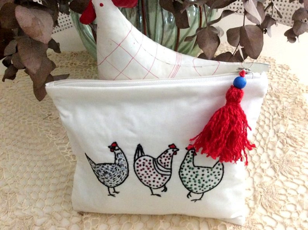 Easter White Cotton Pouch, Hand Embroidered With Chickens, Handmade ...