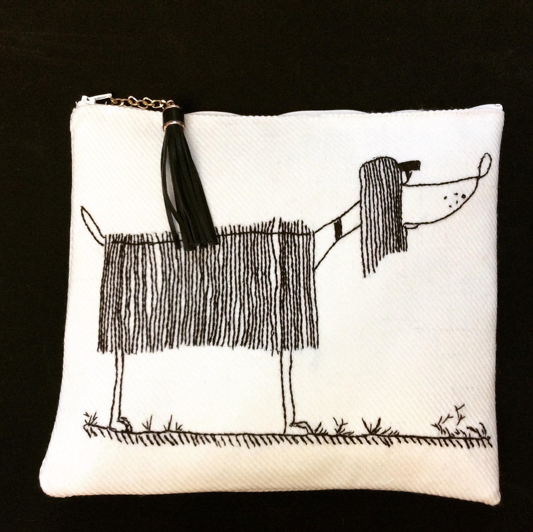 White Wool Pouch Hand Embroidered With a Dog Handmade Pouch - Etsy