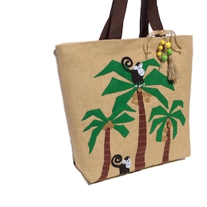 Urban Jungle Tote Bag With Coconut Tree and Monkeys, Handmade, Hand ...