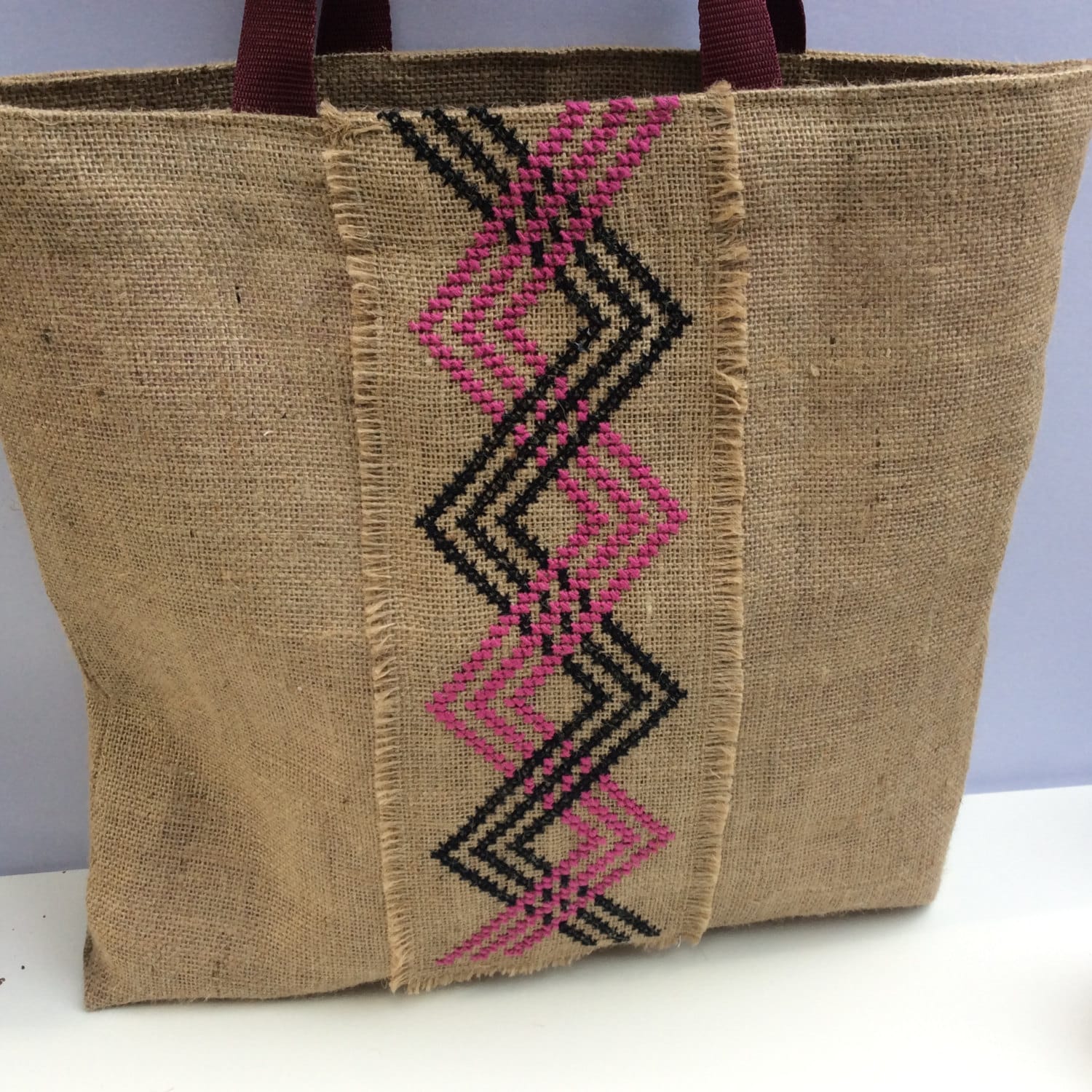 Jute Tote Bag, Boho Style, Cross Stitched With Tribal Pattern, Handmade ...