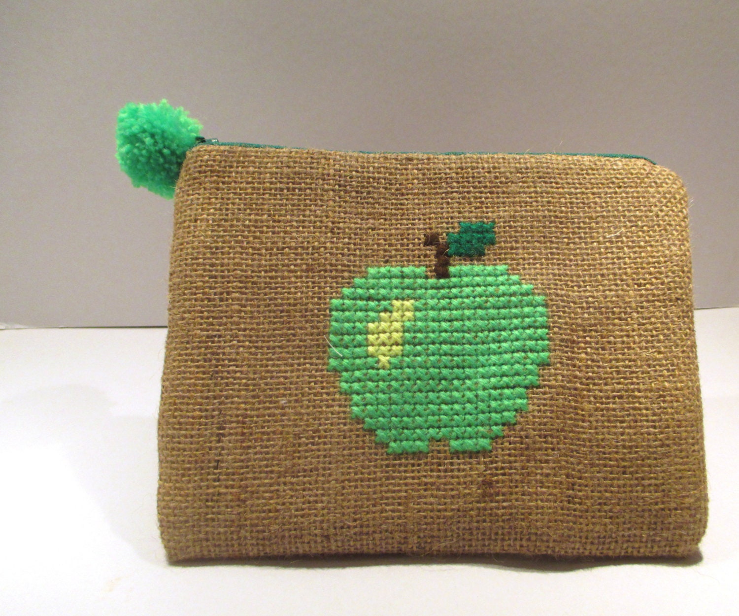 Green Apple Pouch Bag, Hand Made, Hand Embroidered, Accessories Pouch ...
