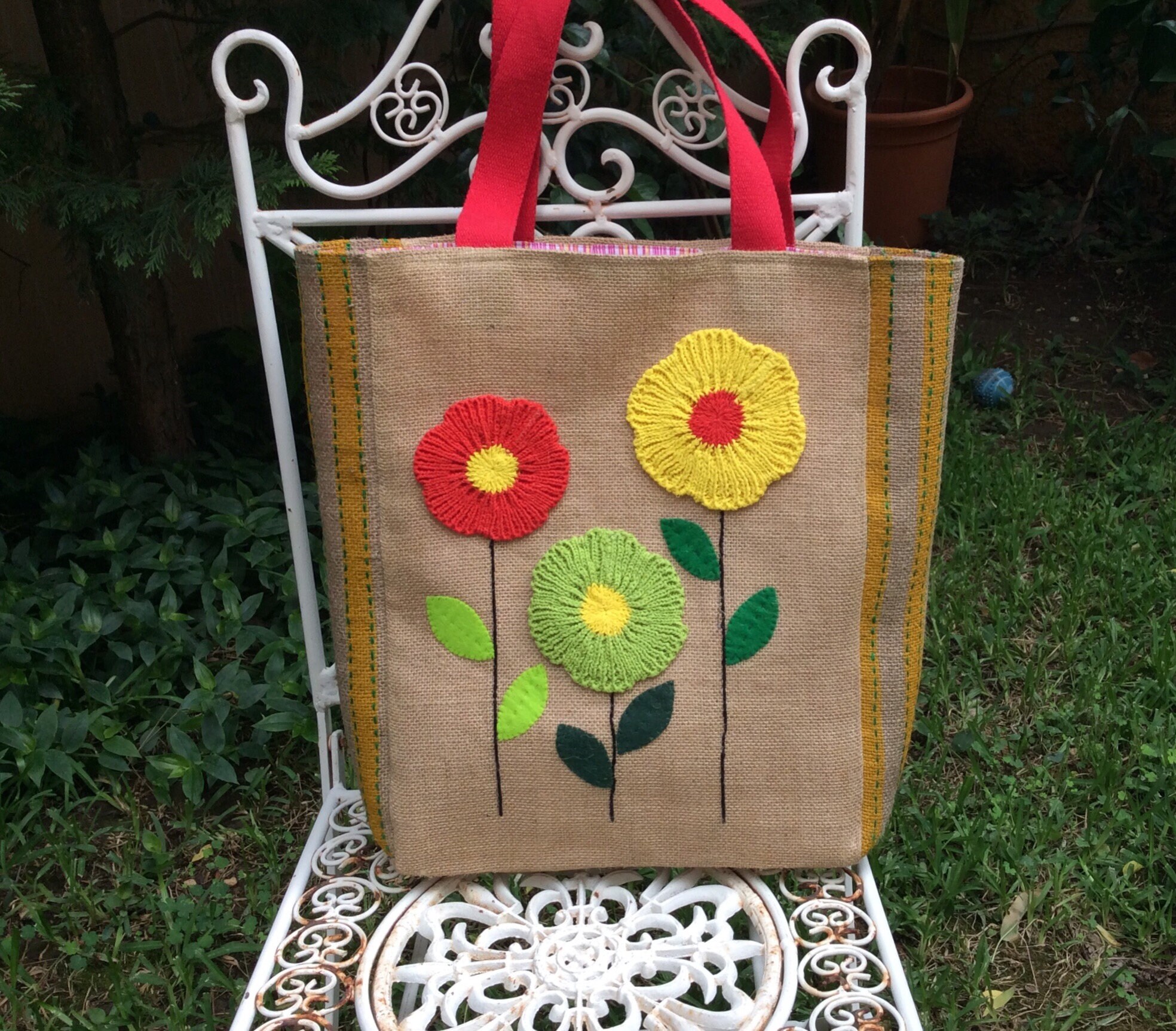 Jute Tote Bag, Handmade, Hand Appliqued With Floral Pattern, Shoppers ...