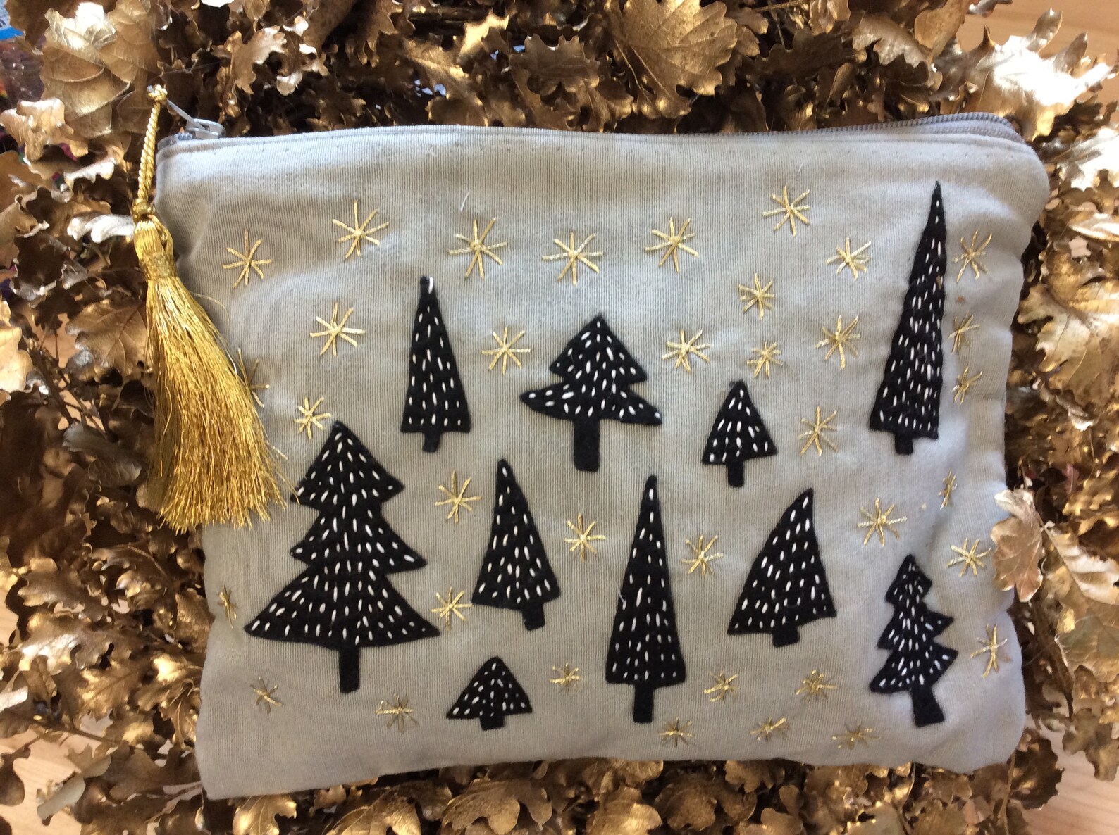 Christmas Pouch, Handmade, Hand Apppliqued/embroidered With Black Gold ...