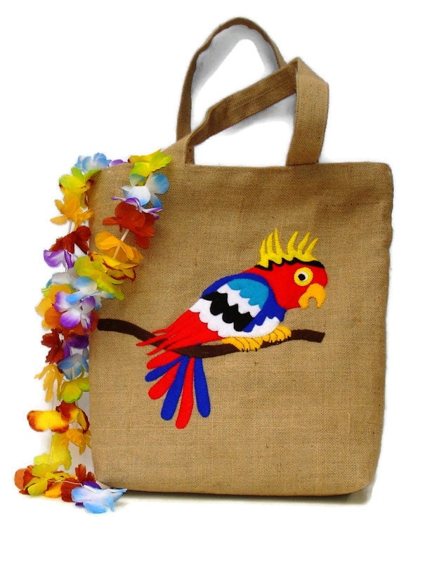 Tropical Parrot Bag, Hand Applique, Handmade Jute Tote Bag, Exotic ...
