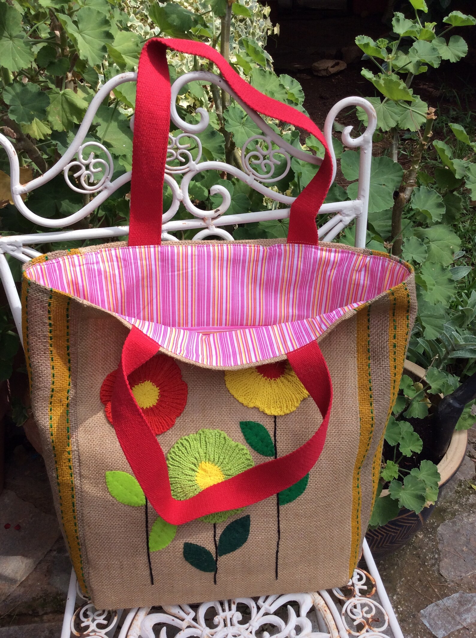 Jute Tote Bag, Handmade, Hand Appliqued With Floral Pattern, Shoppers ...
