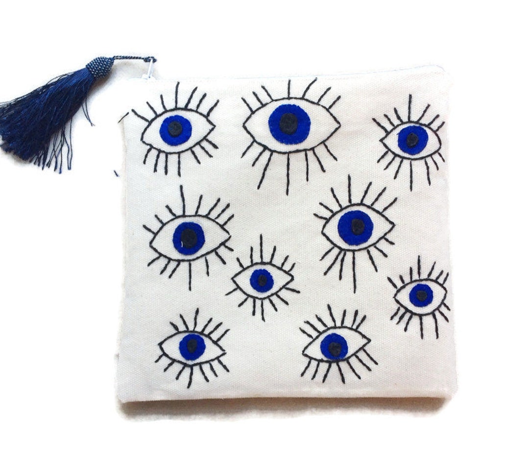 Evil Eyes Good Luck Charm, Cotton Pouch Bag , Hand Embroidered ...