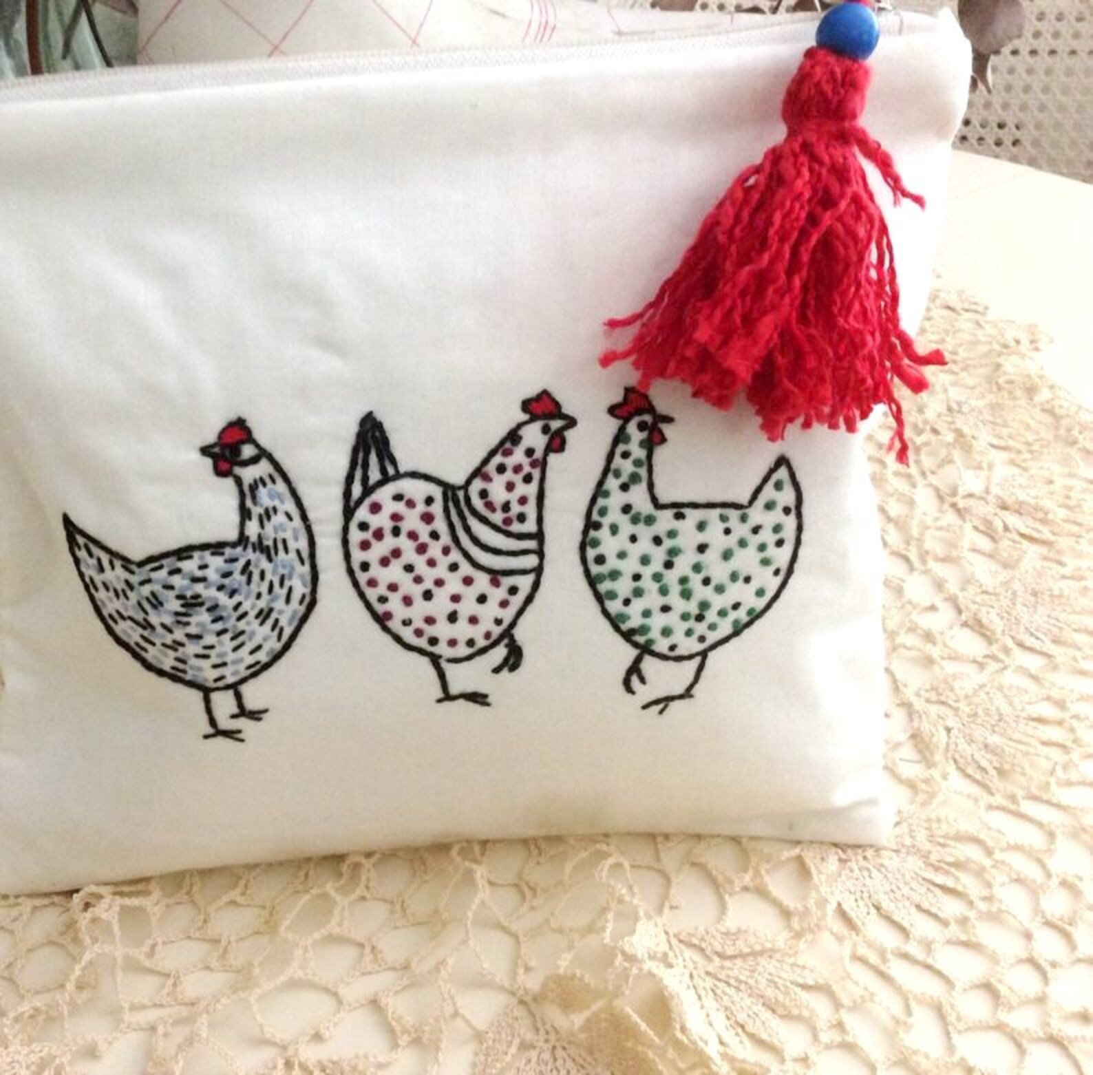 Easter White Cotton Pouch, Hand Embroidered With Chickens, Handmade ...