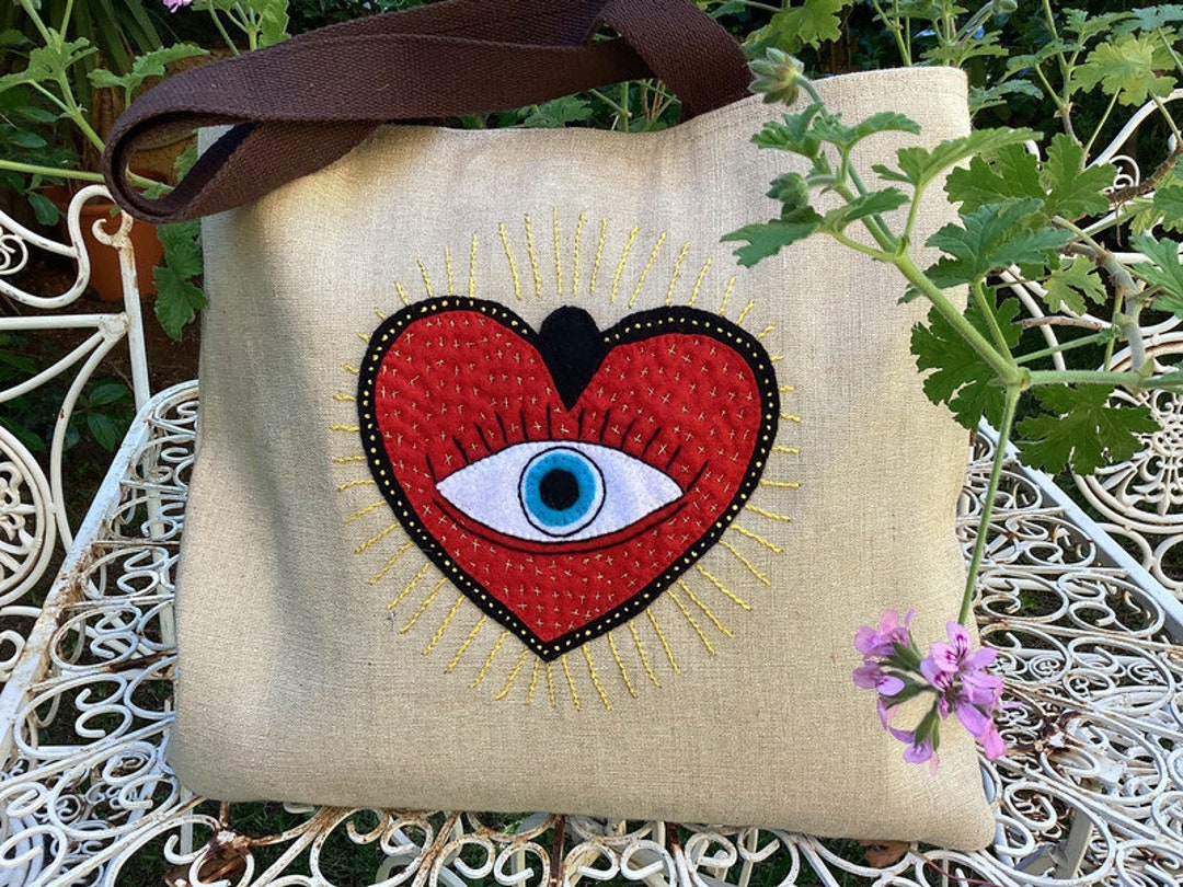 Linen Shoppers Tote Bag, Hand Appliqued at Both Sides With Red Heart ...