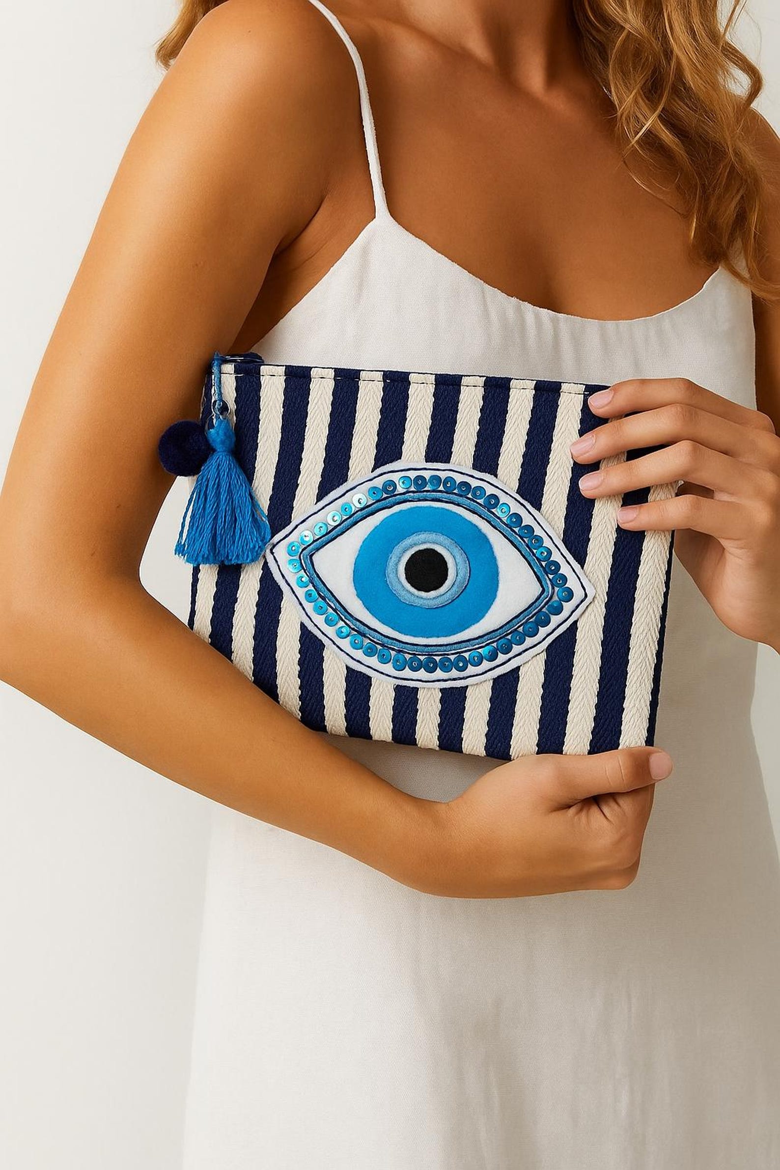Handmade Evil Eye Appliqued Clutch Bag: Greek Summer Accessory - Etsy