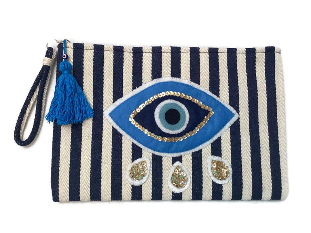 Evil Eye With Sequins on Blue White Canvas Pouch Hand Embroidered ...