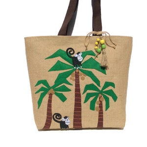 Urban Jungle Tote Bag With Coconut Tree and Monkeys, Handmade, Hand ...