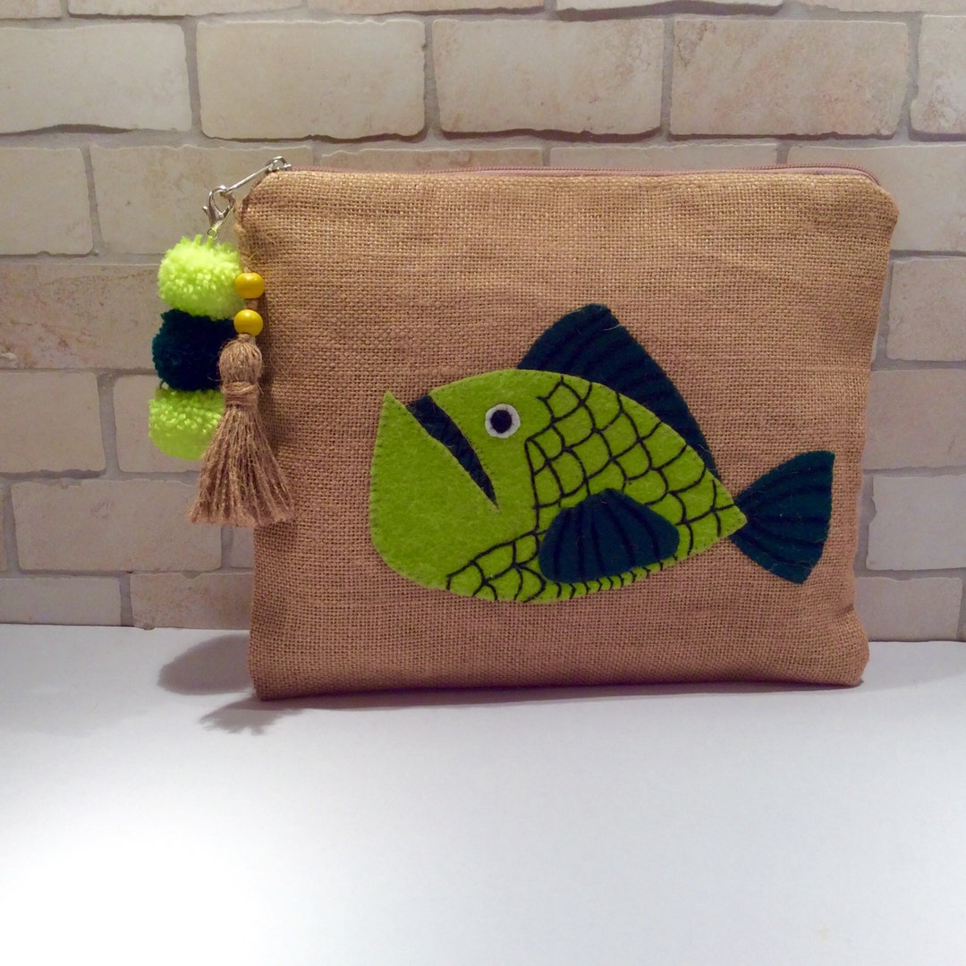 Green Fish Jute Pouch, Appliquée , Handmade, Zipper Pouch, Pompom and ...