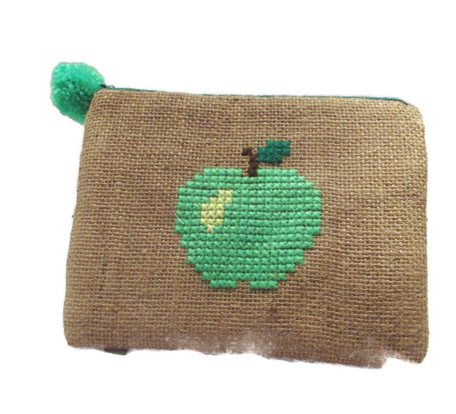 Green Apple Pouch Bag, Hand Made, Hand Embroidered, Accessories Pouch ...