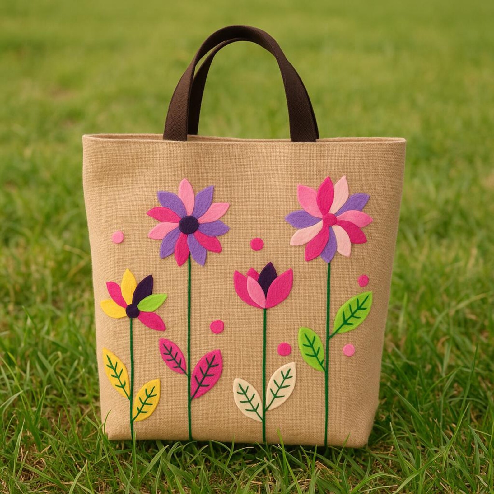 Handmade Jute Tote Bag With Colorful Felt Flowers – Eco-friendly Boho ...
