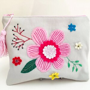 Floral Cotton Pouch Bag, Handmade, Hand Appliqued Unique Gift, One of a ...