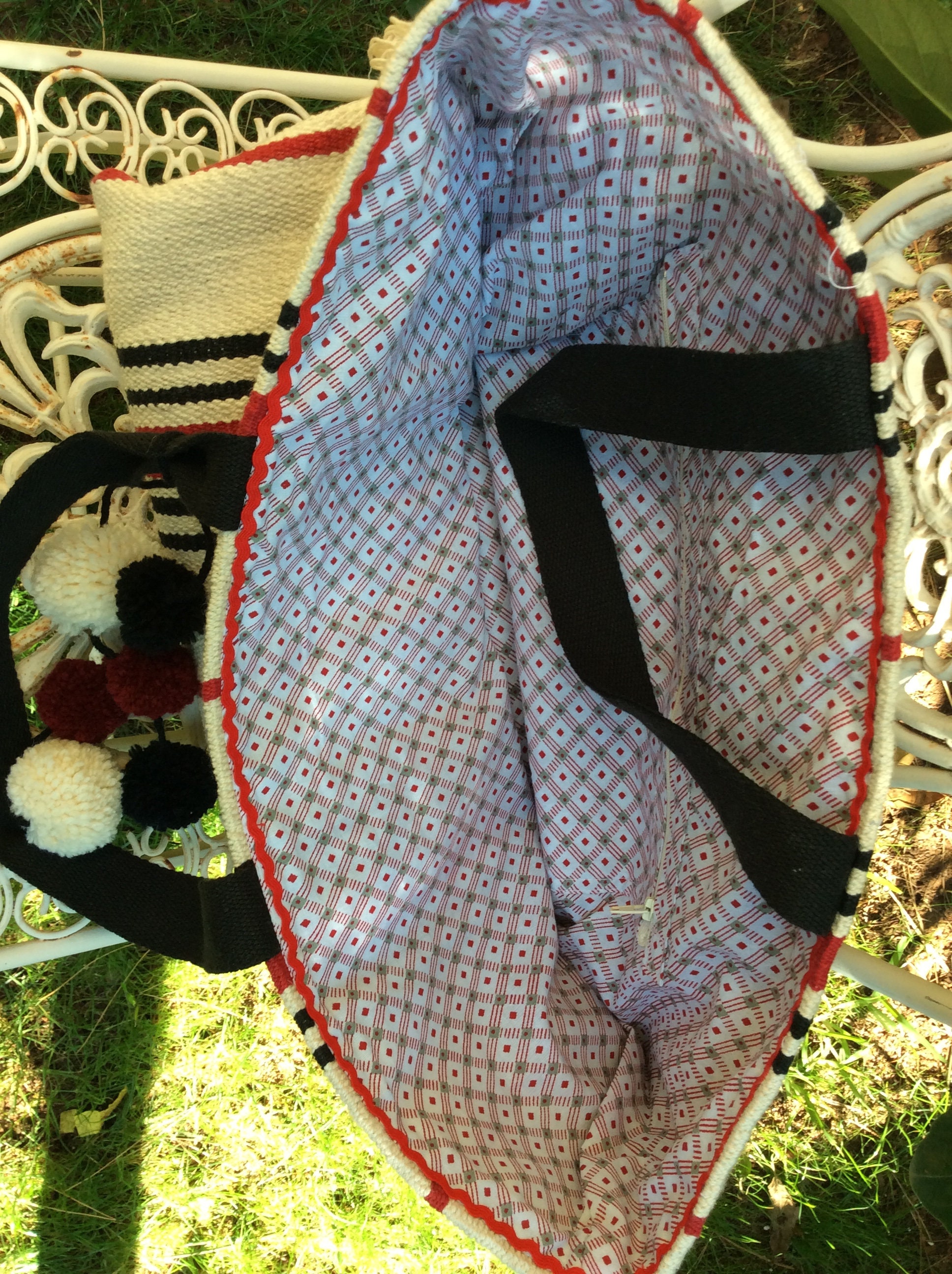 Carpet shoppers tote bag, with lace, pompom, ric rac detailings, boho ...