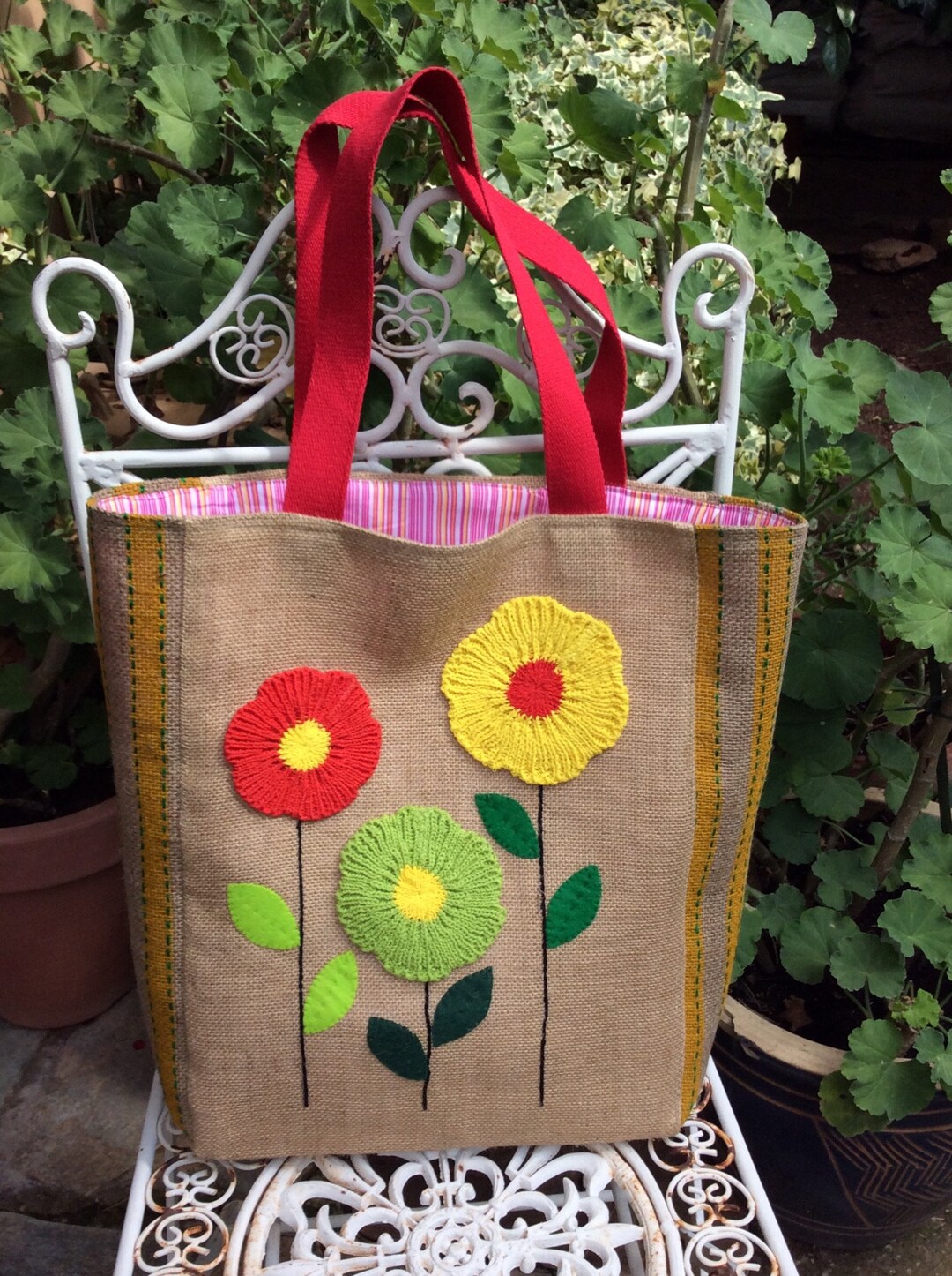 Jute Tote Bag, Handmade, Hand Appliqued With Floral Pattern, Shoppers ...