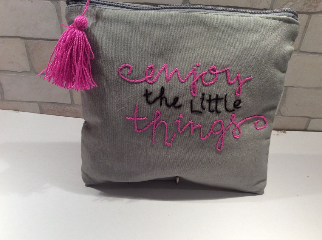 Hand Embroidered Grey Canvas Saying ,handmade Pouch Bag, Valentines Day ...