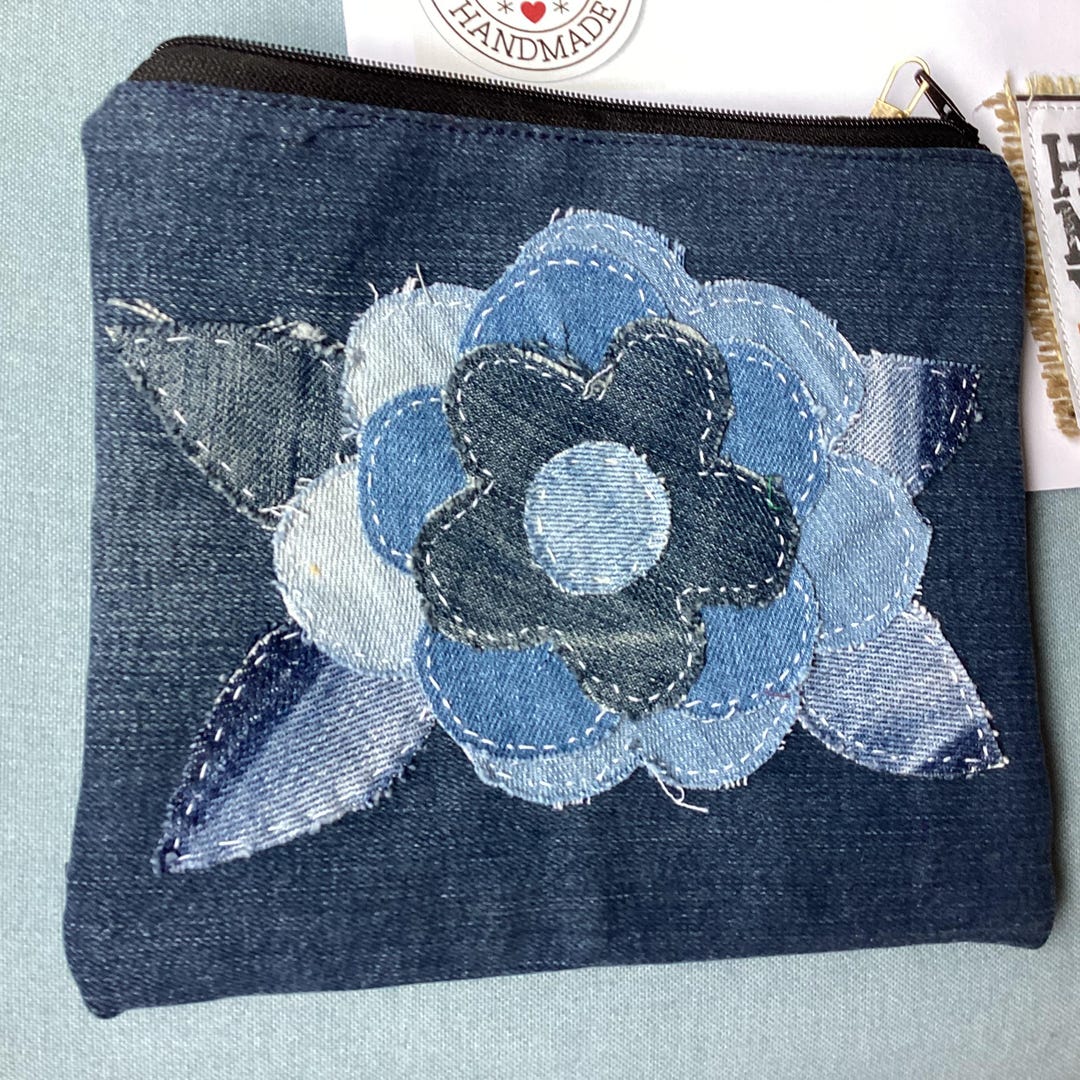 Denim Pouch Bag,recycled Jeans Pouch Bag, Wristlet, Rose Hand Appliqued ...