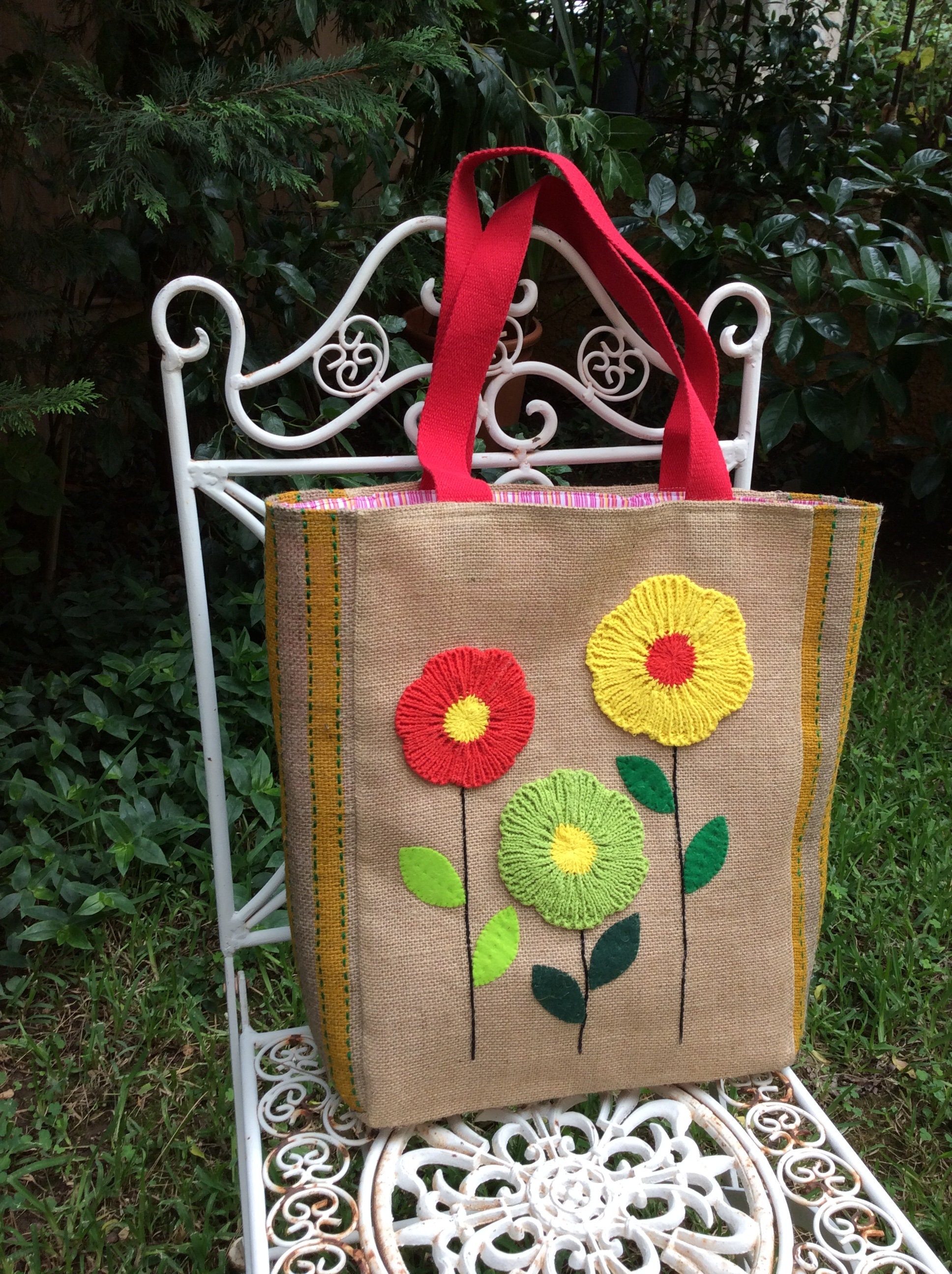 Jute Tote Bag, Handmade, Hand Appliqued With Floral Pattern, Shoppers ...