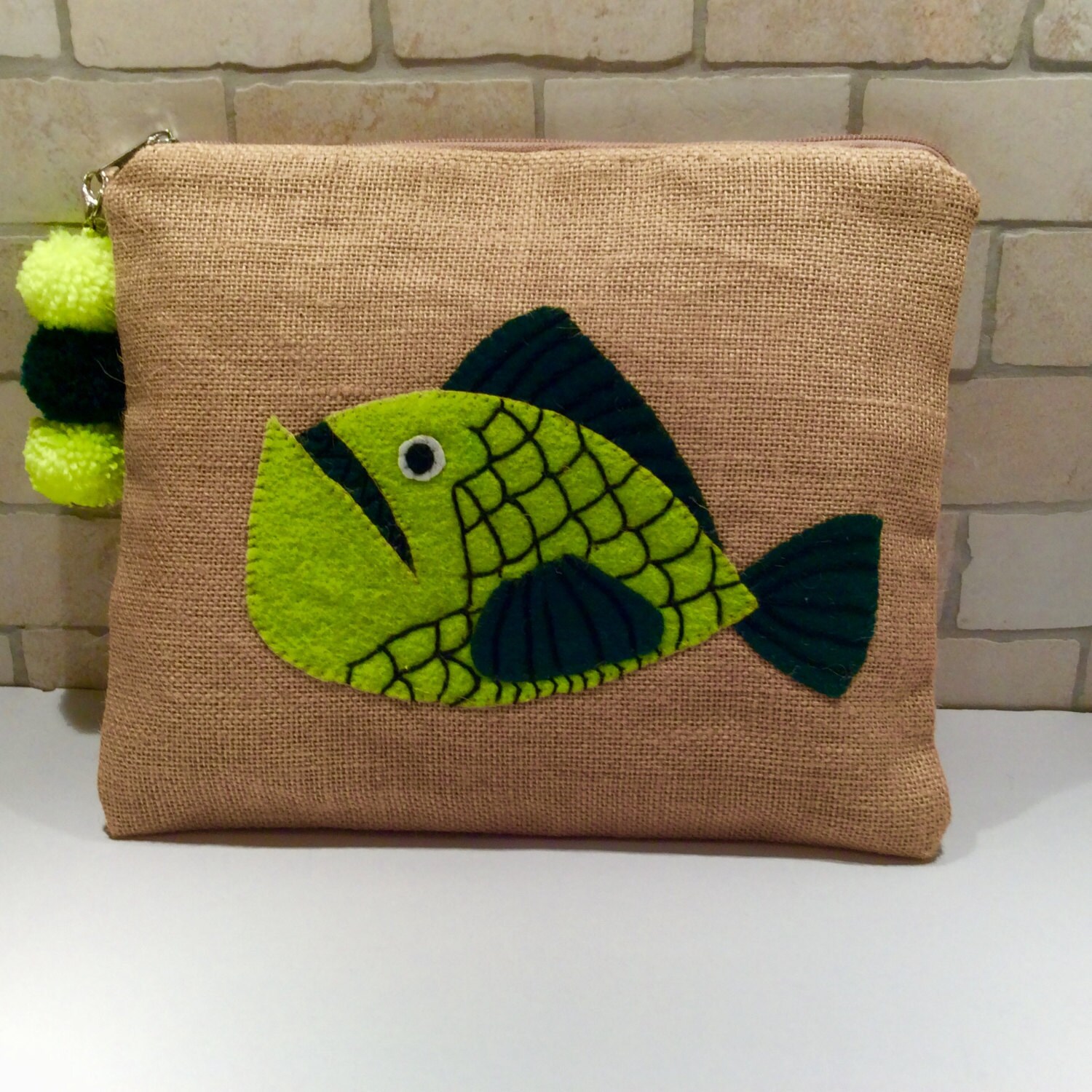 Green Fish Jute Pouch Appliquée Handmade Zipper Pouch - Etsy