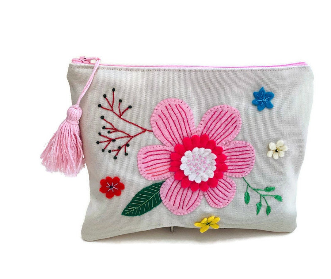 Floral Cotton Pouch Bag, Handmade, Hand Appliqued Unique Gift, One of a ...