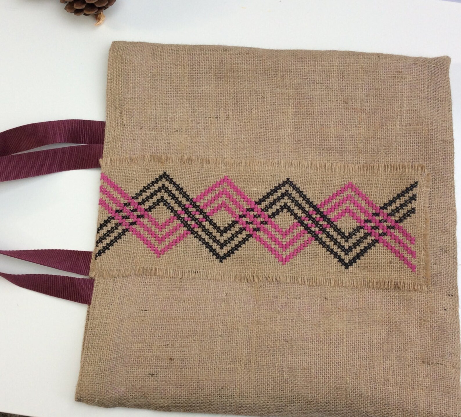 Jute Tote Bag, Boho Style, Cross Stitched With Tribal Pattern, Handmade ...