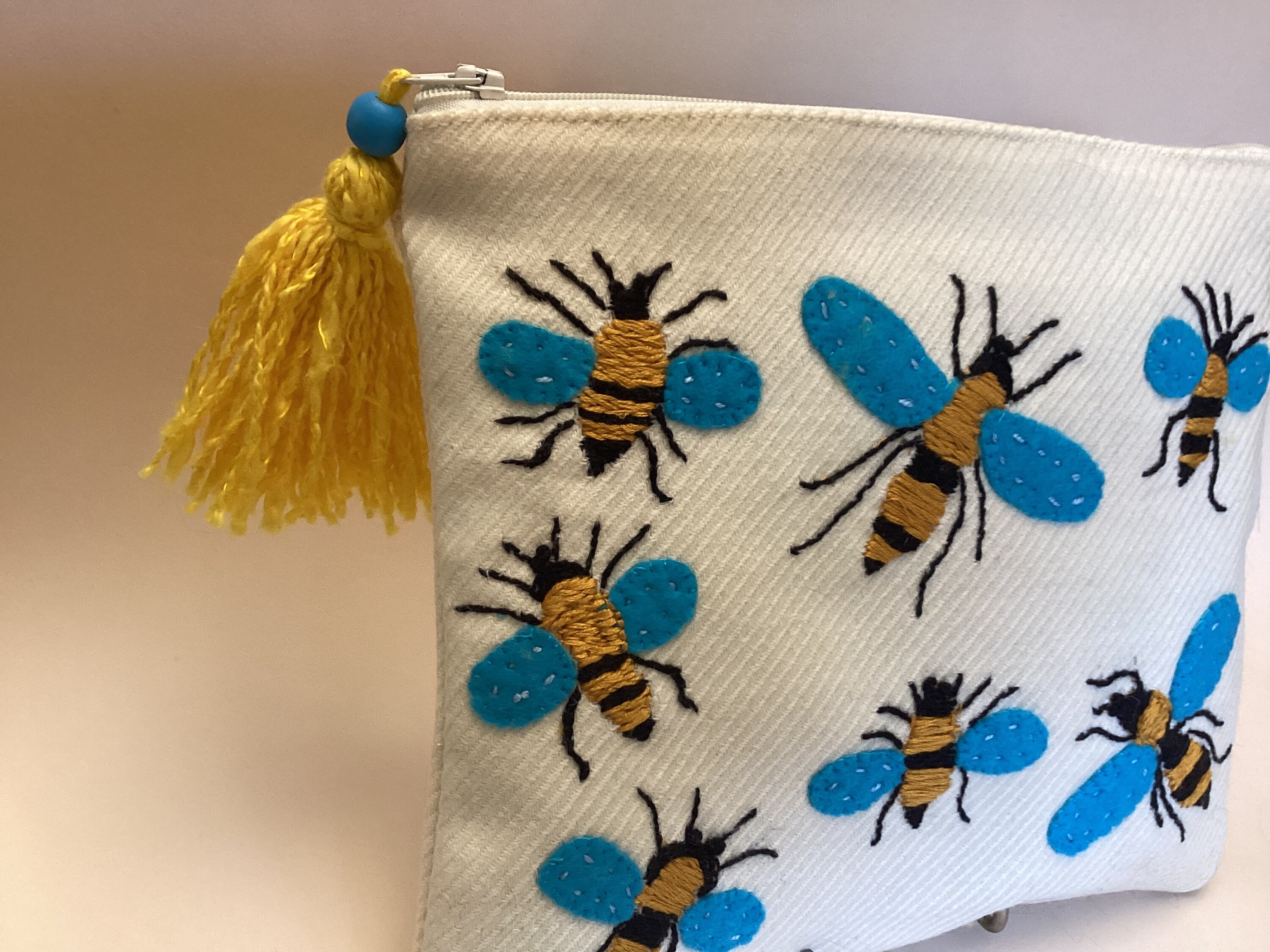White Wool Pouch Hand Embroidered With Blue Bees Handmade - Etsy
