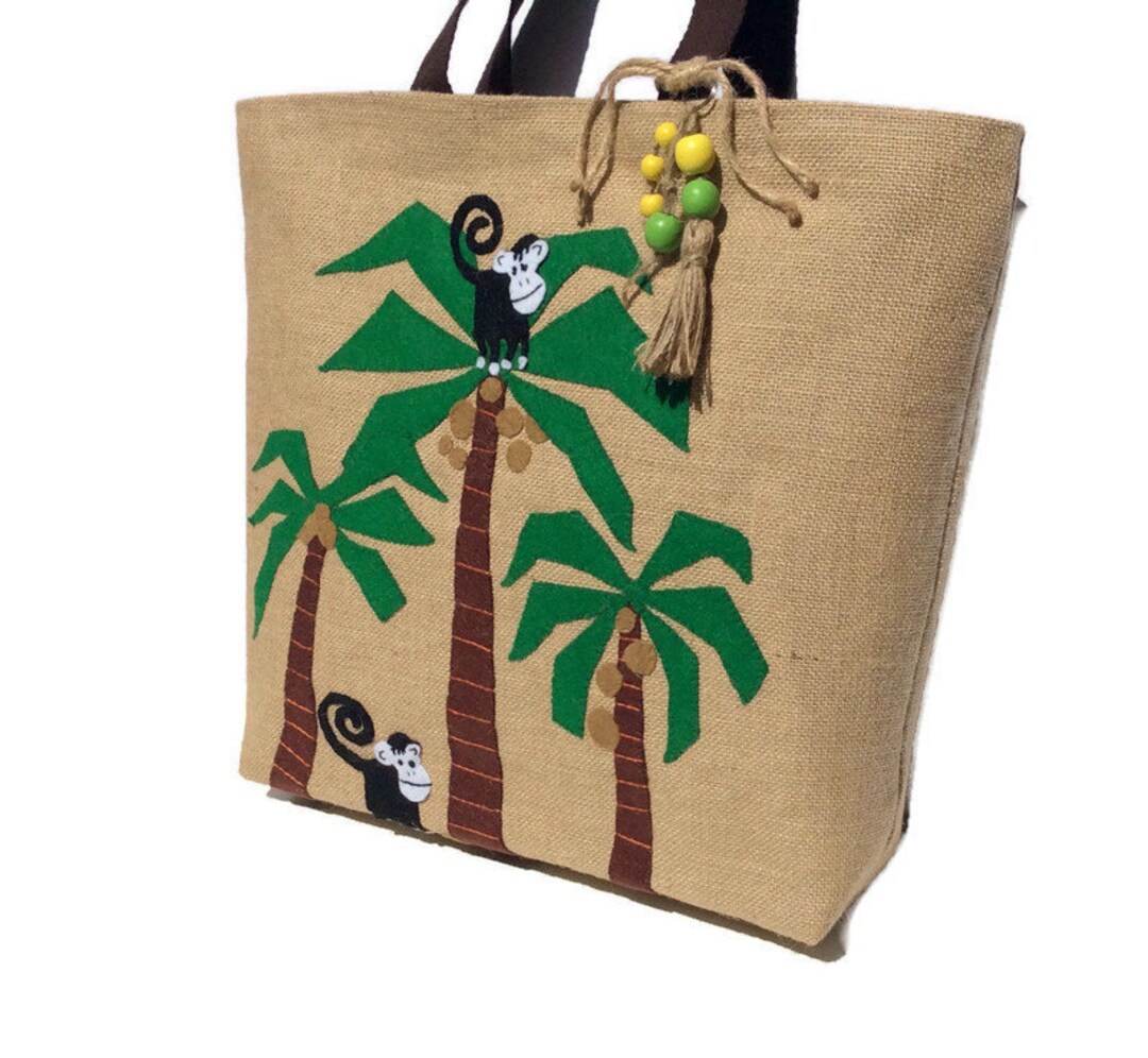 Urban Jungle Tote Bag With Coconut Tree and Monkeys, Handmade, Hand ...