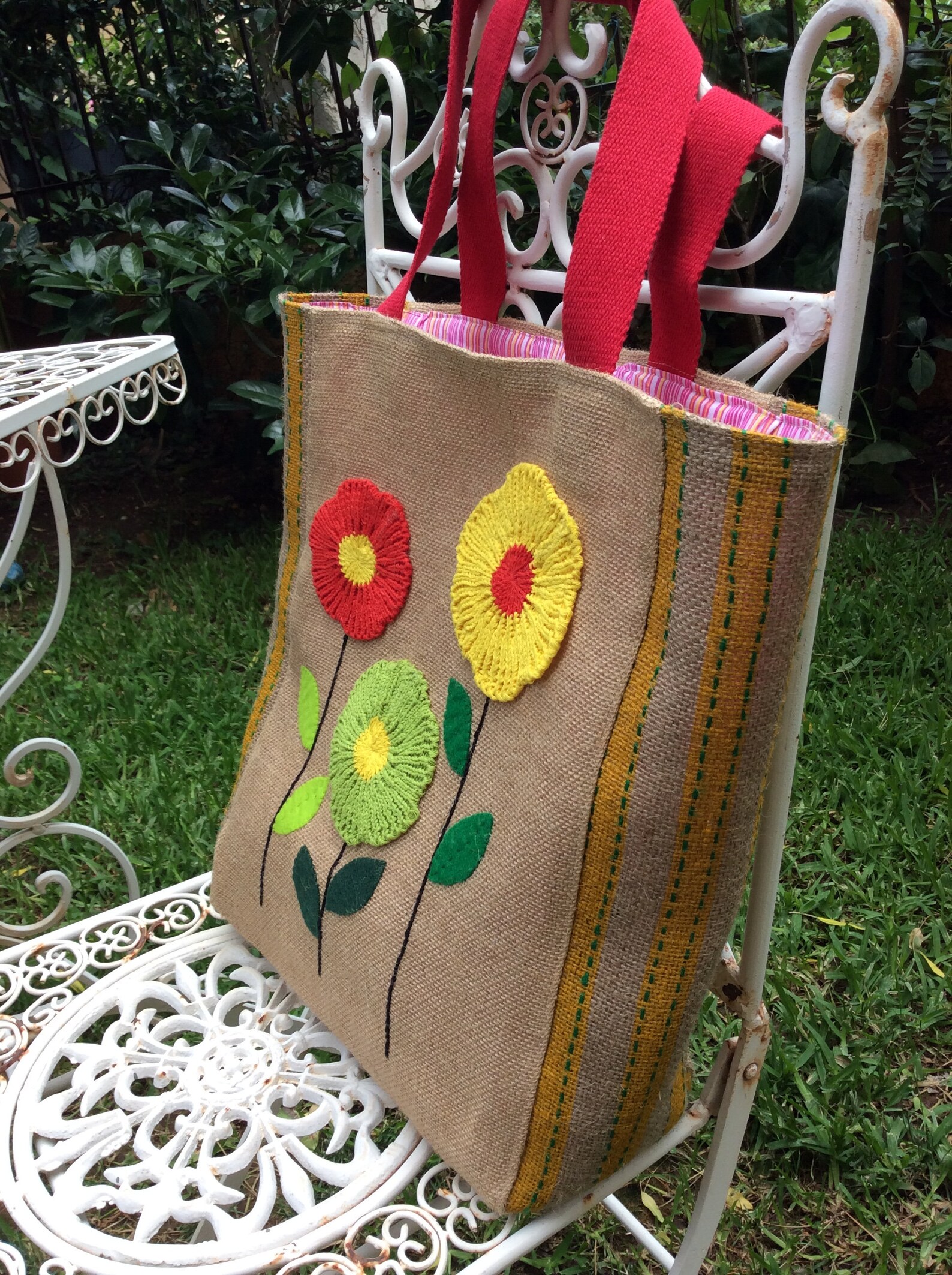 Jute Tote Bag, Handmade, Hand Appliqued With Floral Pattern, Shoppers ...