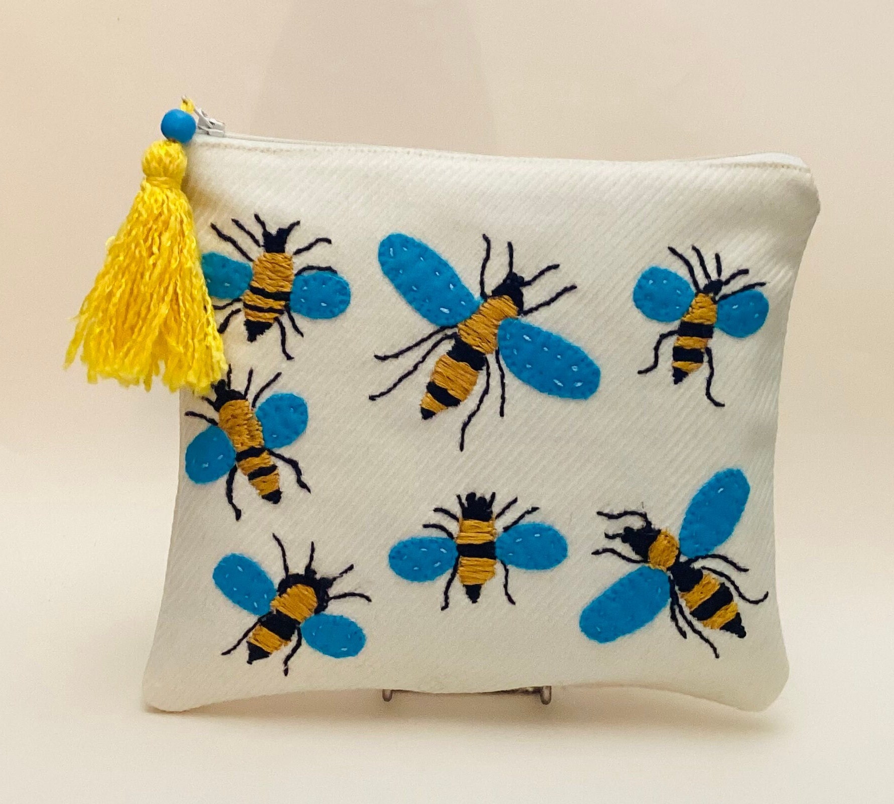 White Wool Pouch Hand Embroidered With Blue Bees Handmade - Etsy