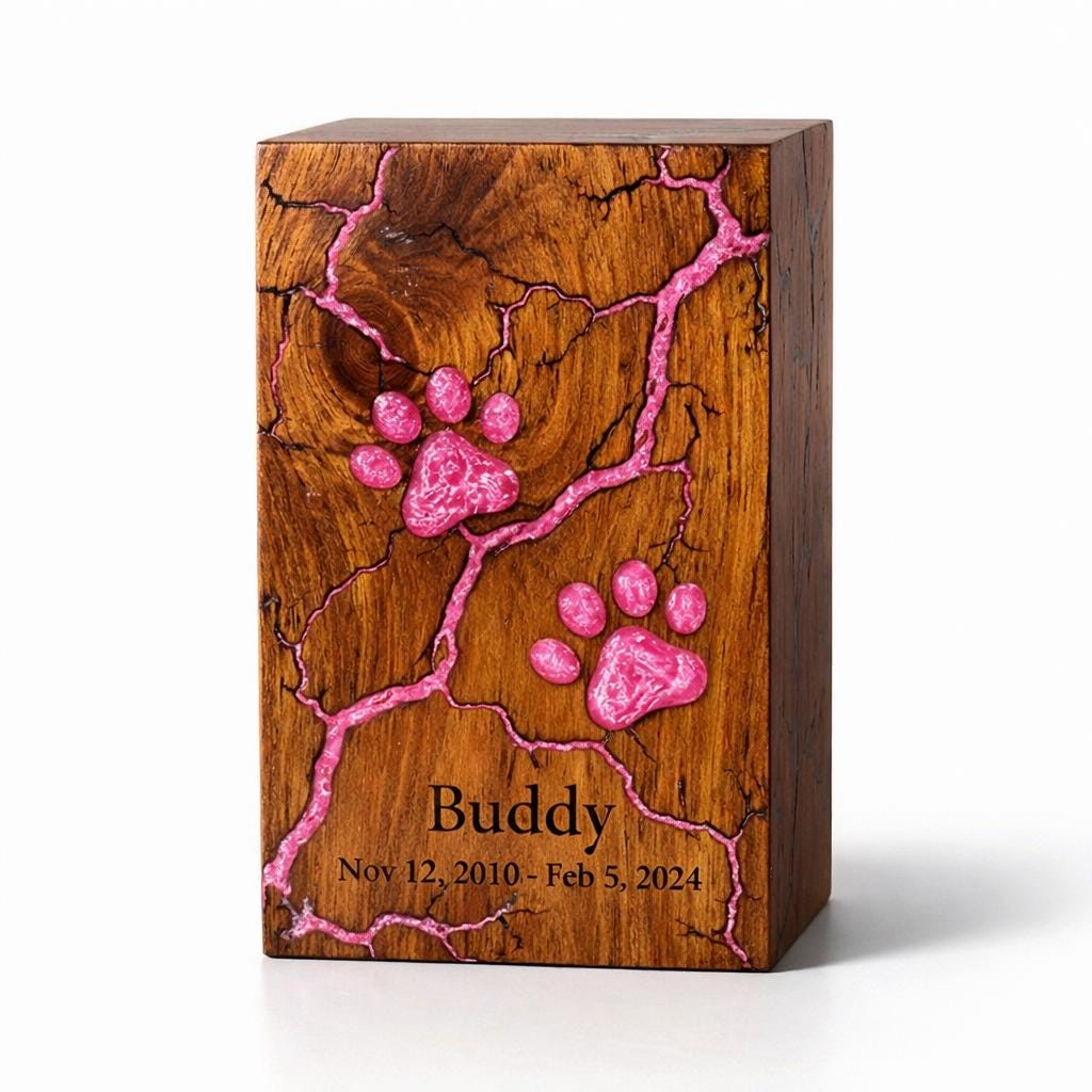 Handcrafted Pet Urn: Wooden Memorial Box With Resin Paw Prints - Etsy