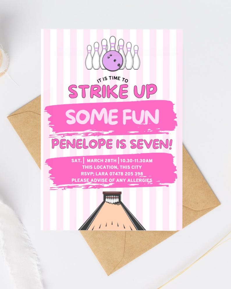 Girls Bowling Party Invitation Template, Editable Canva Birthday Invite ...