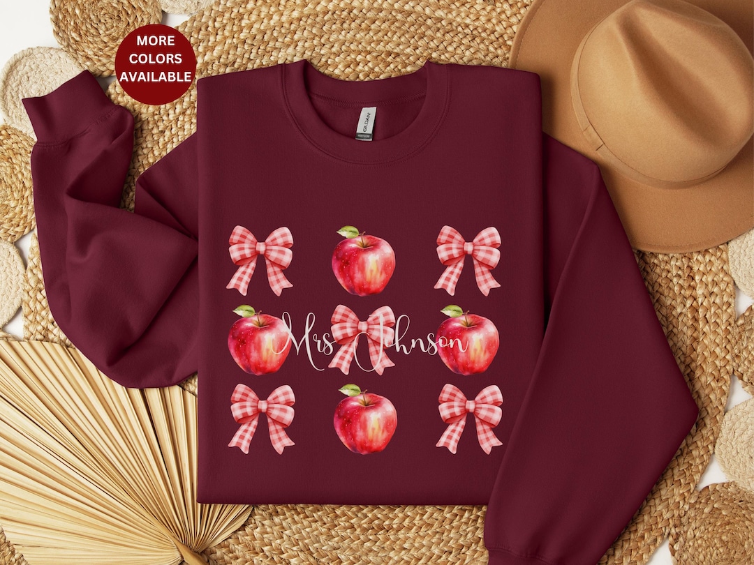 Custom Red Apple Coquette Sweatshirt Personalized Teacher Sweatshirt ...