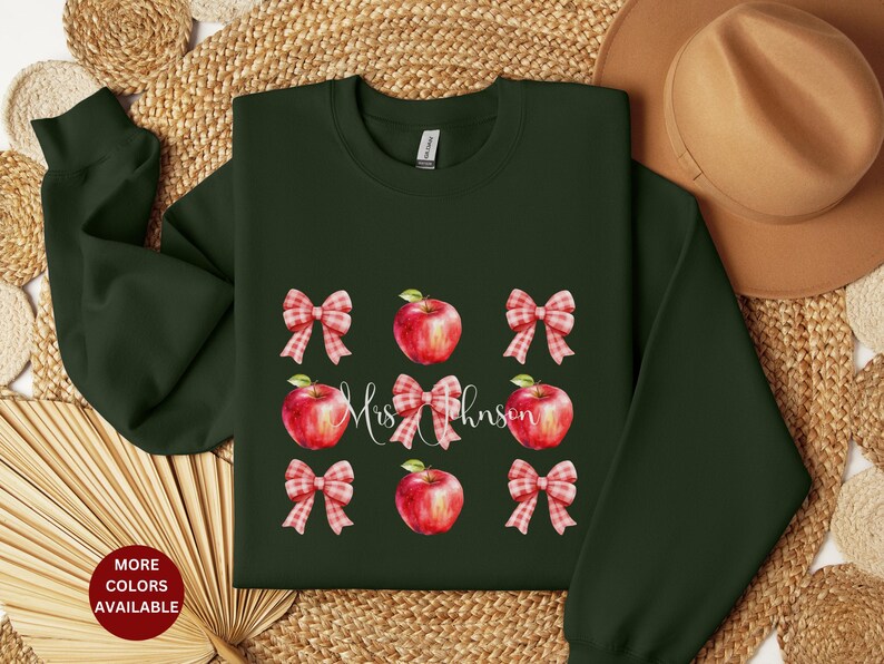 Custom Red Apple Coquette Sweatshirt Personalized Teacher Sweatshirt ...