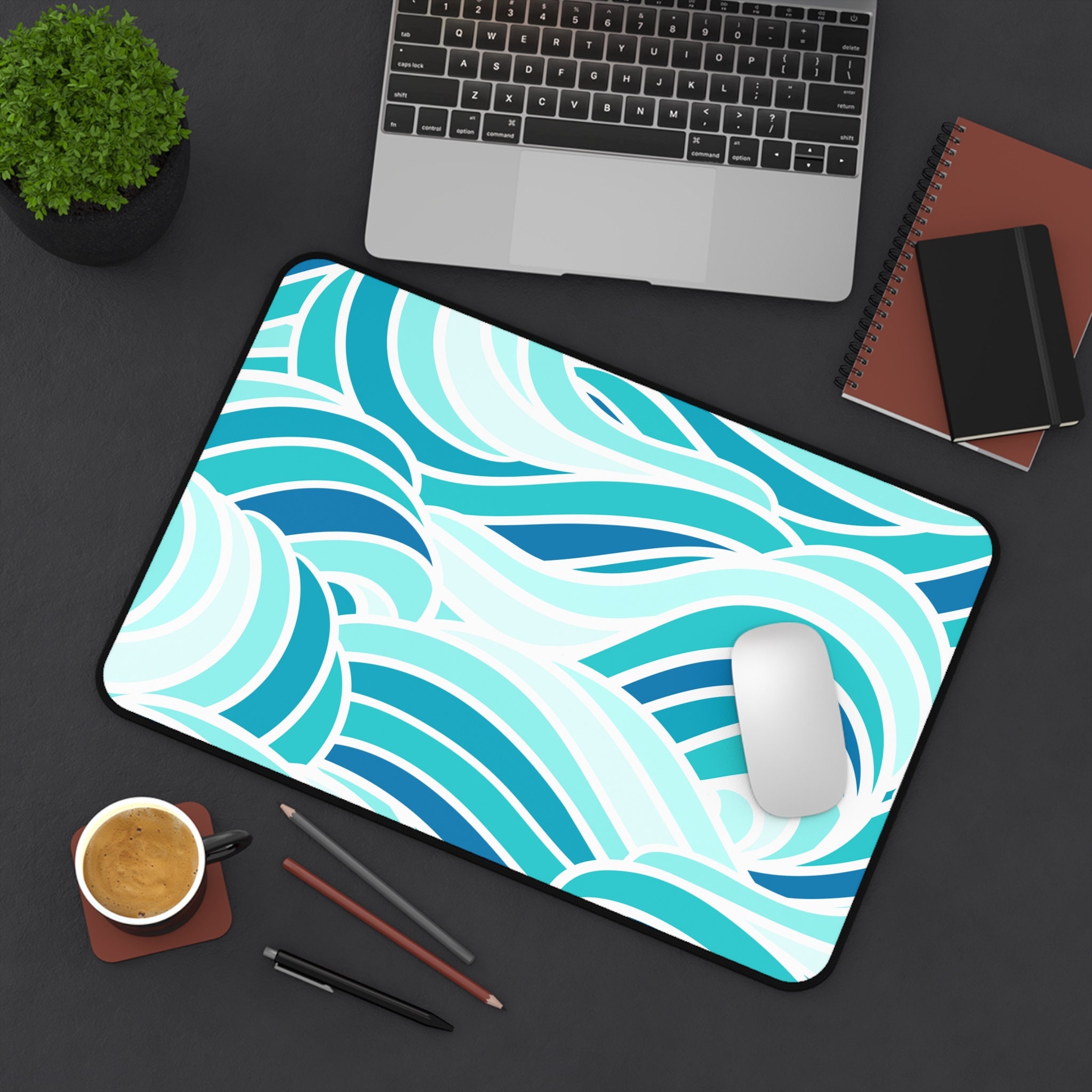 Water Waves Desk Mat, Computer Tech Desk Accessory Soothing Blue Waves ...
