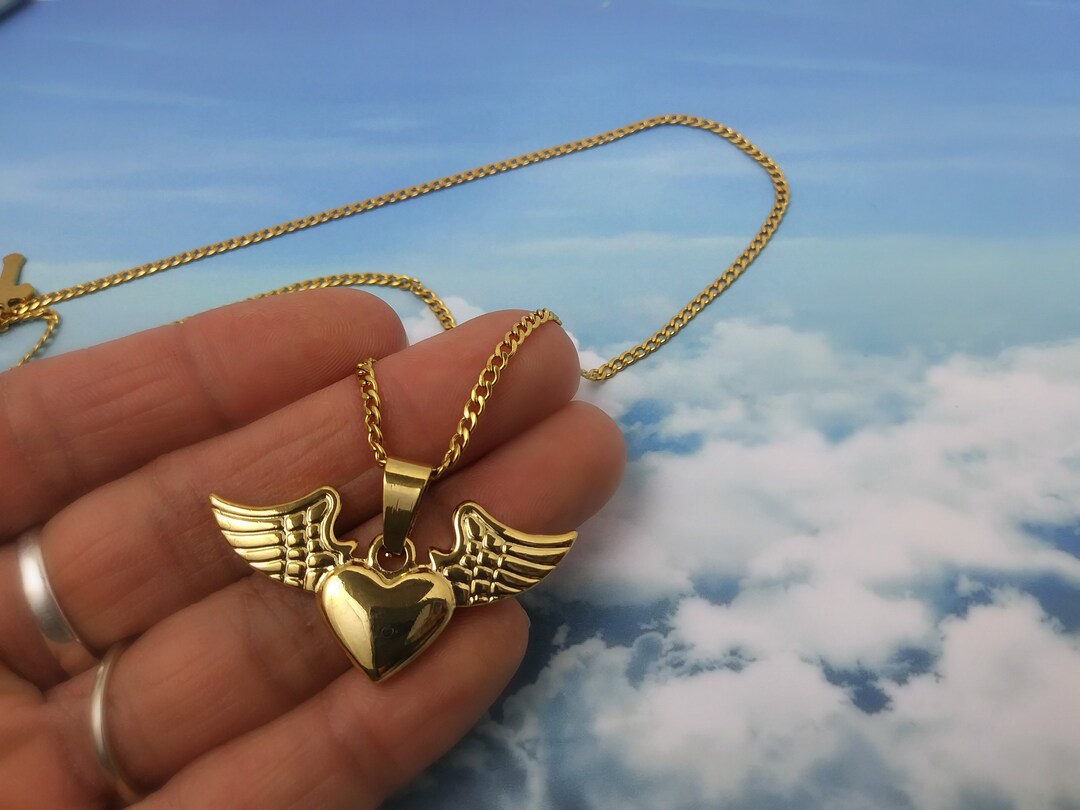 Golden Heart With Wings Stainless Steel Necklace/ Dainty Necklace ...