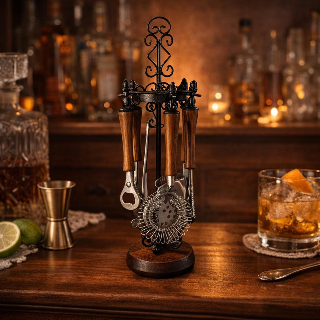 Vintage 1970s Bar Utensil Set Wood Handles Black Iron Scroll Stand ...