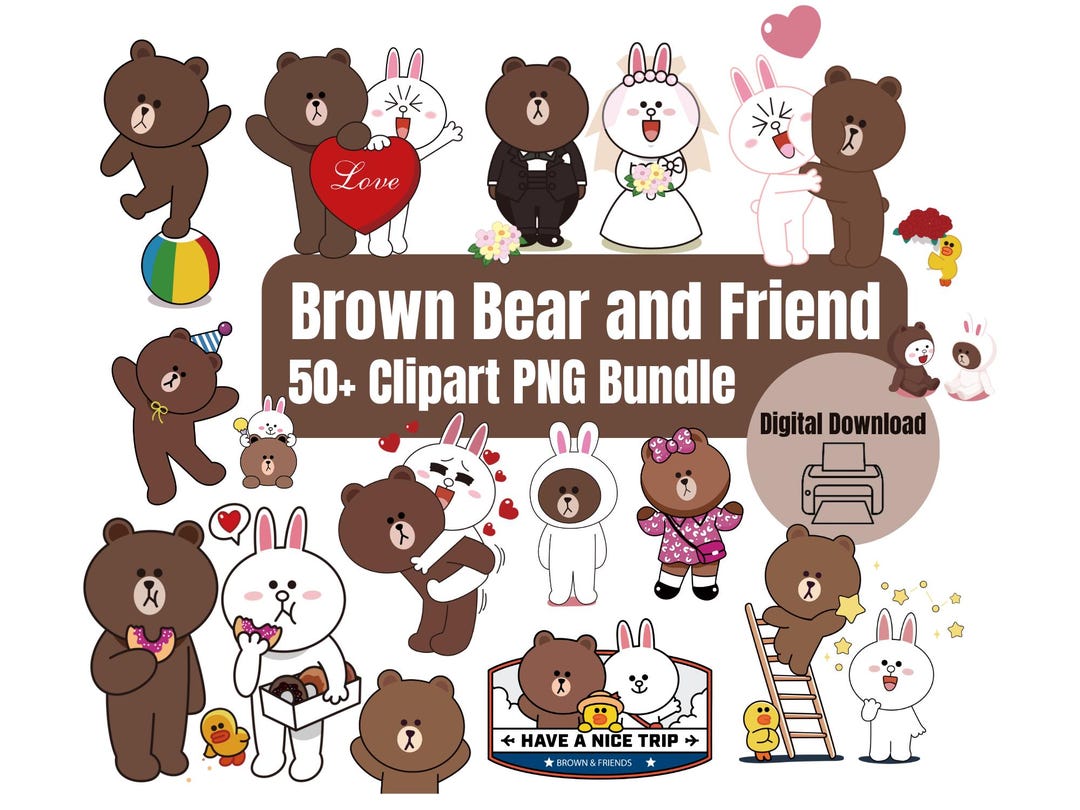 Brown Bear Friends Clipart PNG Bundle | Kawaii Line-style Animals ...