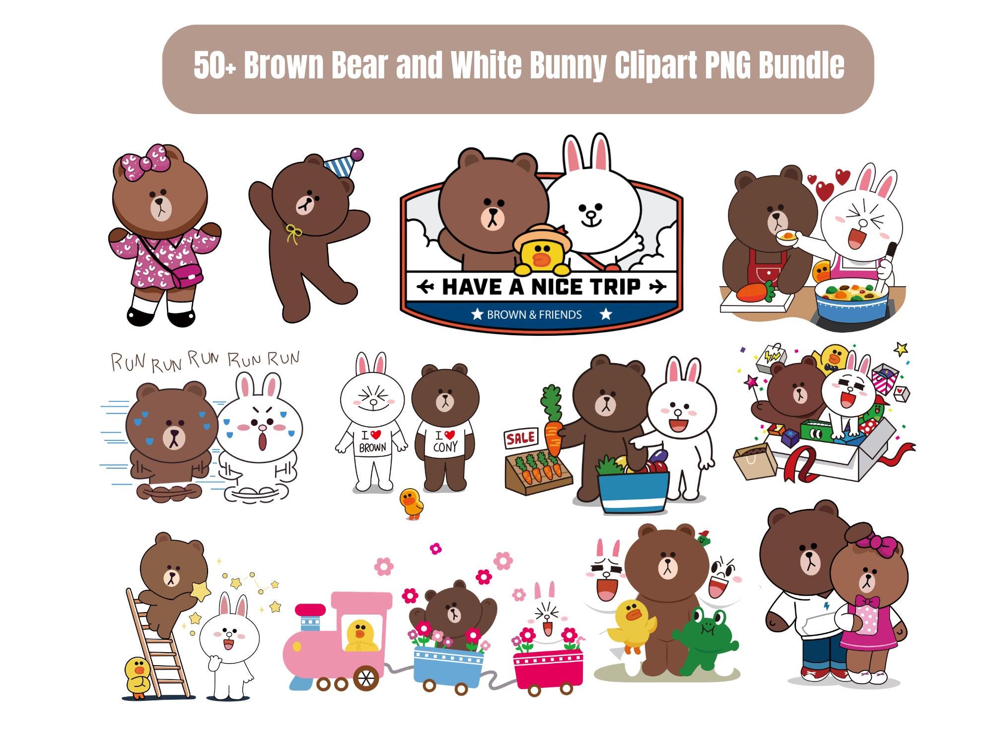 Brown Bear Friends Clipart PNG Bundle | Kawaii Line-style Animals ...