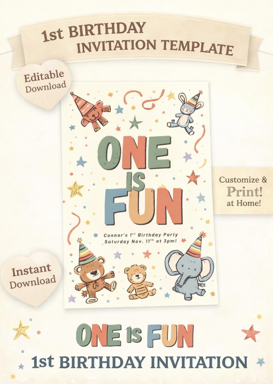 One is Fun 1st Birthday Invitation Template | Editable Digital First ...