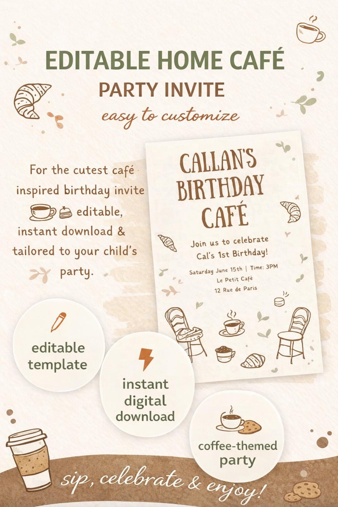 Home Cafe Birthday Invitation Template | Editable Digital Party Invite ...