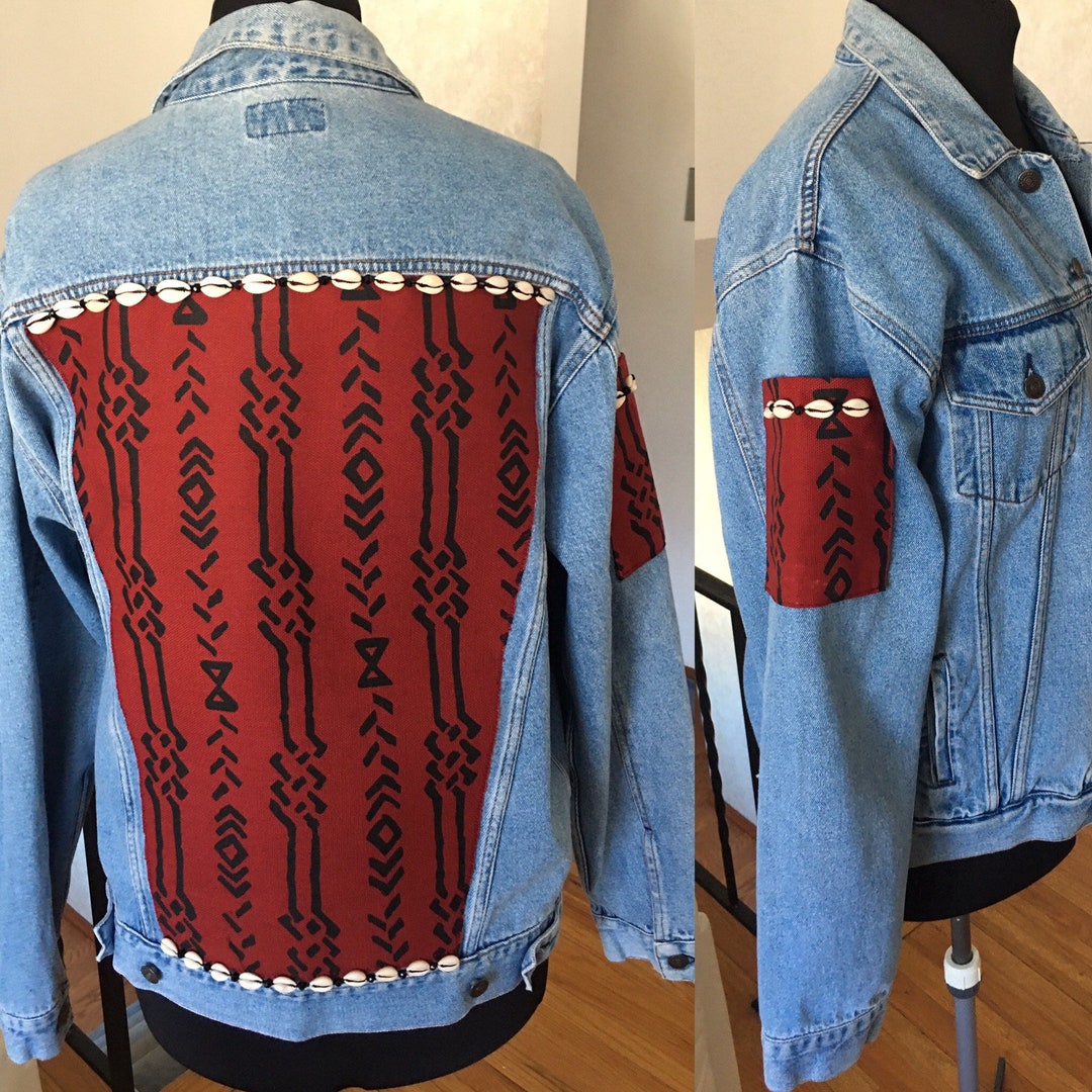 Men's African Mudcloth Denim Jacket *medium* Cowrie Shell Embellished ...
