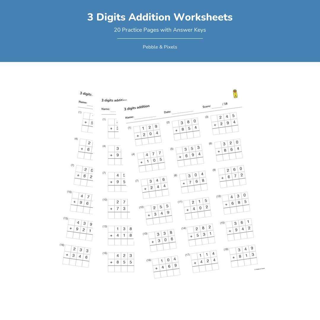Addition Worksheets, Three Digits Addition, Math Practice (PDF Download ...