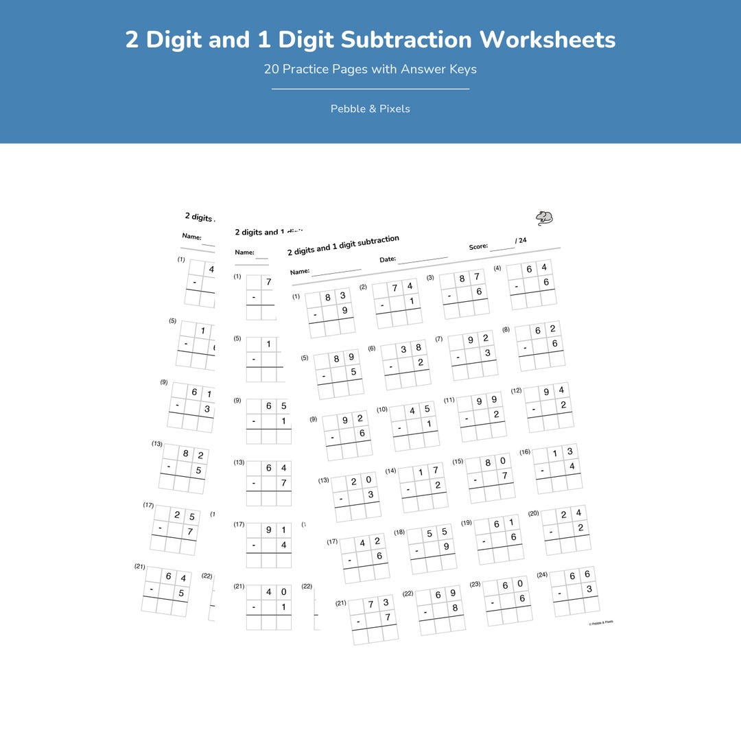 Subtraction Worksheets, Two-digit and One-digit Vertical Subtraction ...