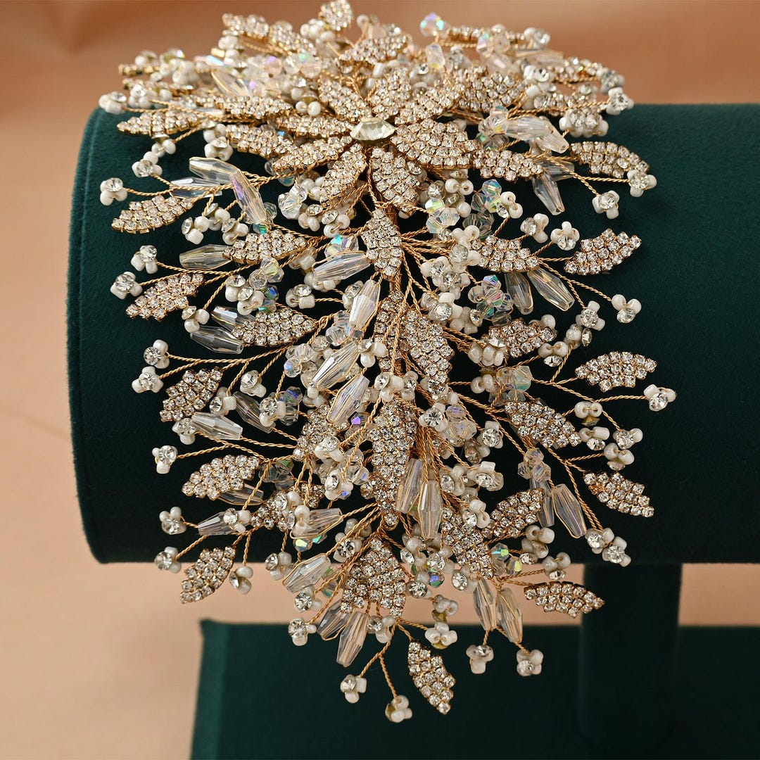 Gold Crystal Bridal Tiara Side Headpiece Wedding Crown Pearl Rhinestone ...