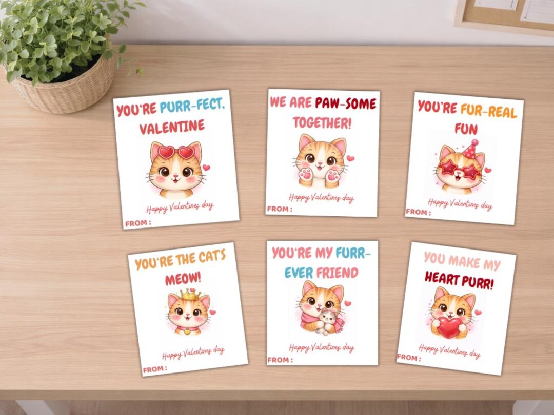 Cat Valentine Cards for Kids | Printable Classroom Valentines (instant ...