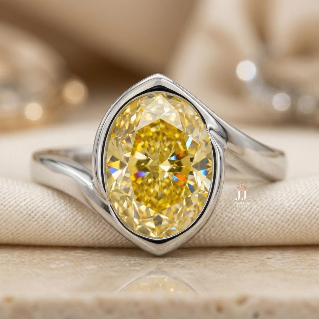 Yellow Oval Lab Diamond Engagement Ring, Semi-bezel Setting, Sleek ...