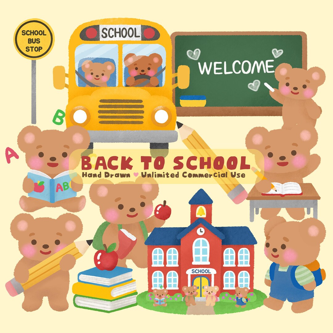 Back to School Teddy Bear Clipart Bundle | Cute Hand-drawn PNG Set ...
