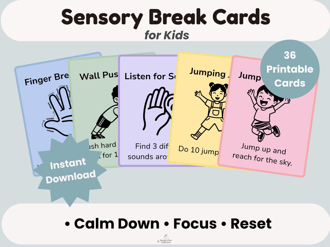 Sensory Break Cards for Kids, Calm Down Focus Printable, ADHD Autism ...